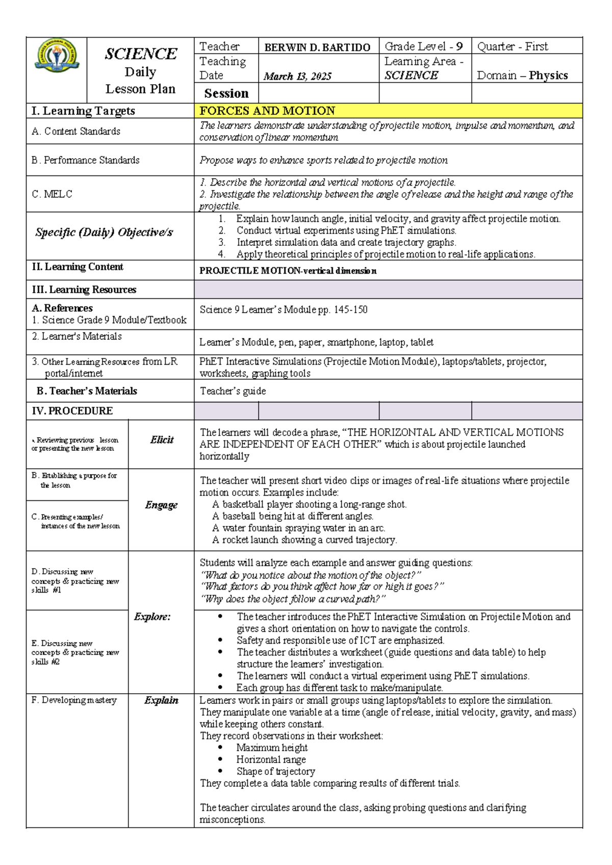 SCIENCE Lesson Plan: Understanding Projectile Motion (Grade 9) - Studocu