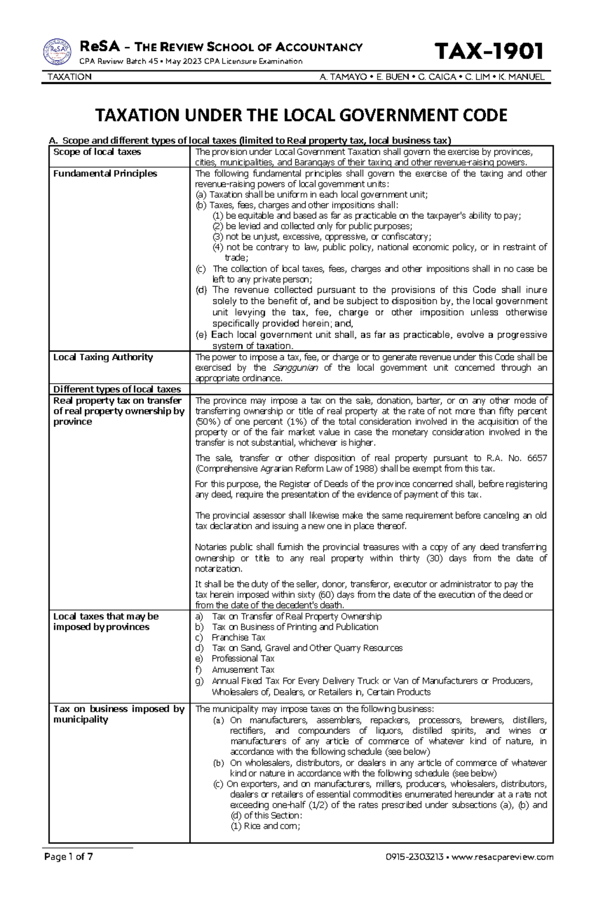 TAX-1901: Overview of Local Government Code Taxation Principles - Studocu