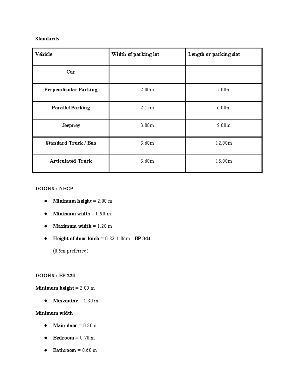 Standards for vehicle width and parking lot dimensions - 324RW - Studocu