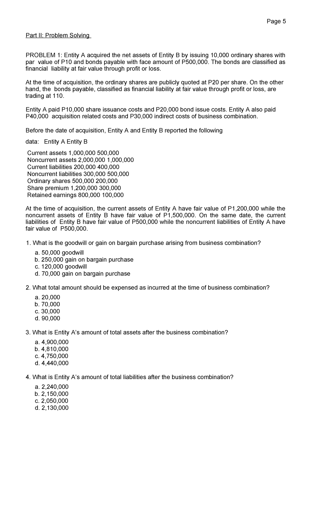 Business Combinations - Problem Solving Illustrations - Page 5 Part II: Problem Solving PROBLEM ...