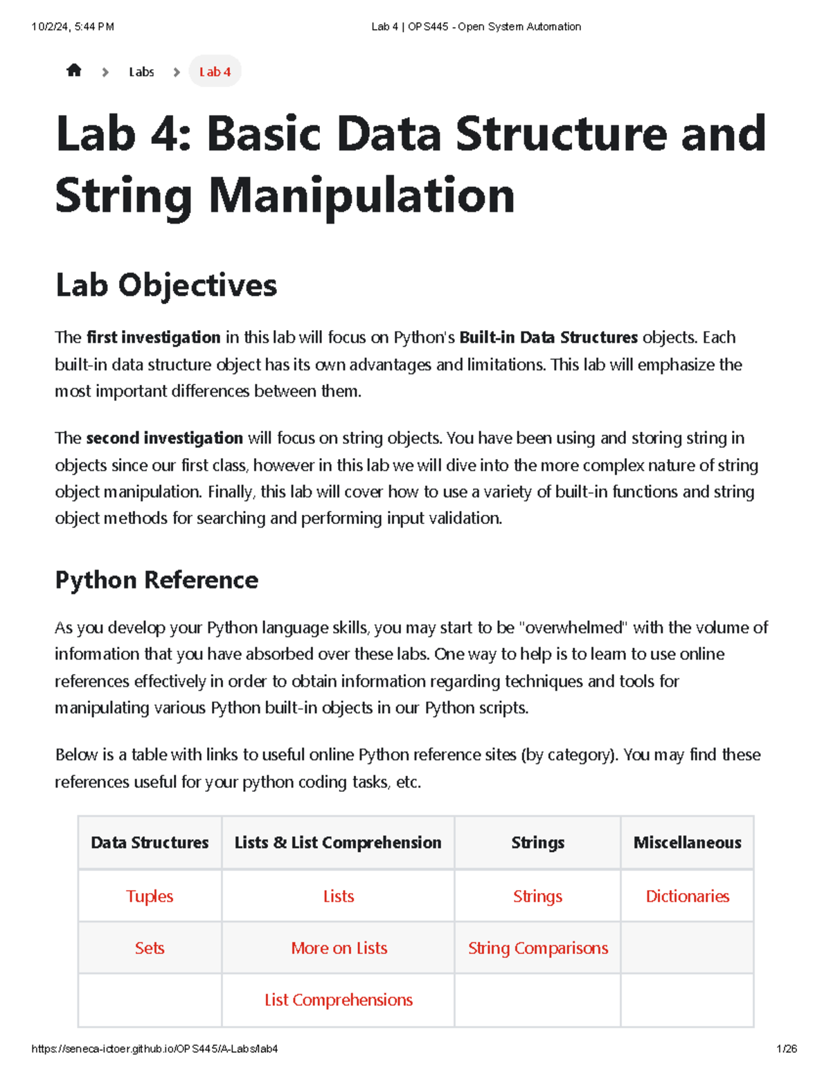 Lab 4 OPS445 - Data Structures and String Manipulation in Python - Studocu