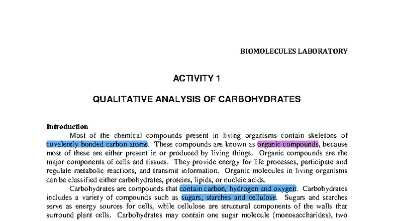BIOMOLECULES LAB ACTIVITY 1: QUALITATIVE CARBOHYDRATE ANALYSIS - Studocu
