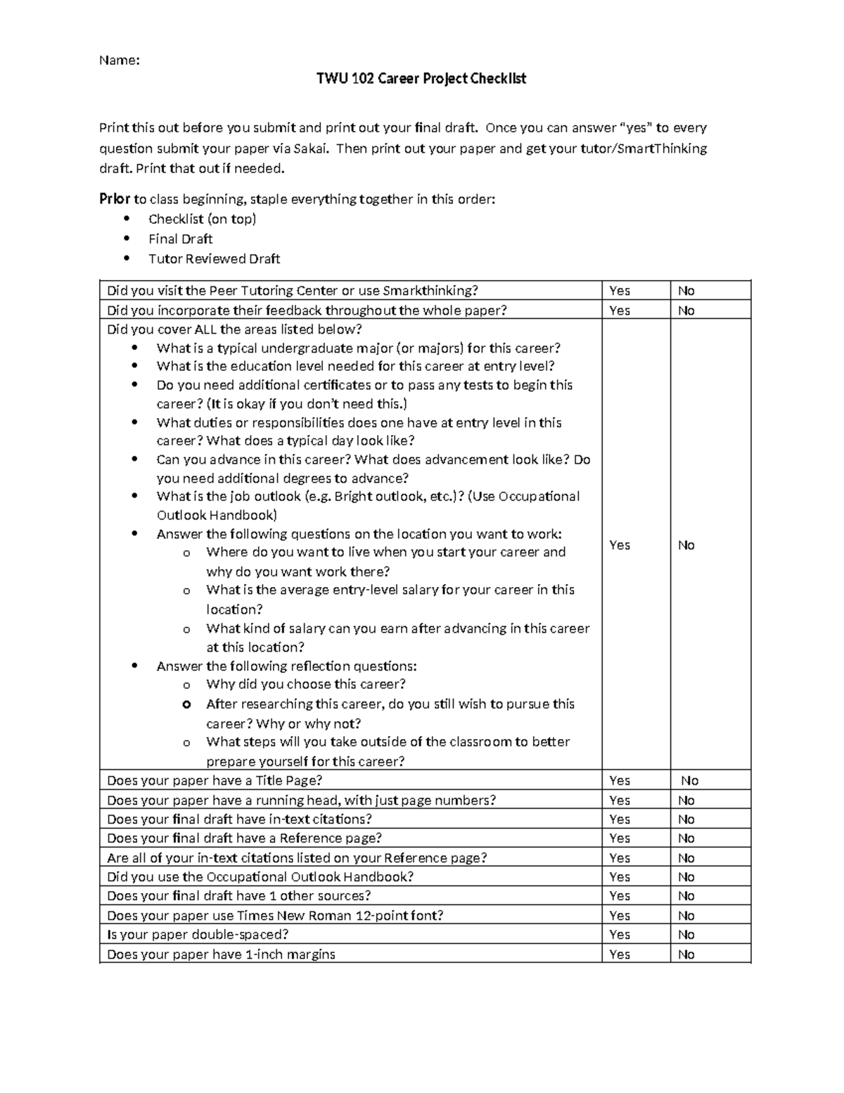TWU 102 Career Project Checklist: Submission and Preparation Guide ...