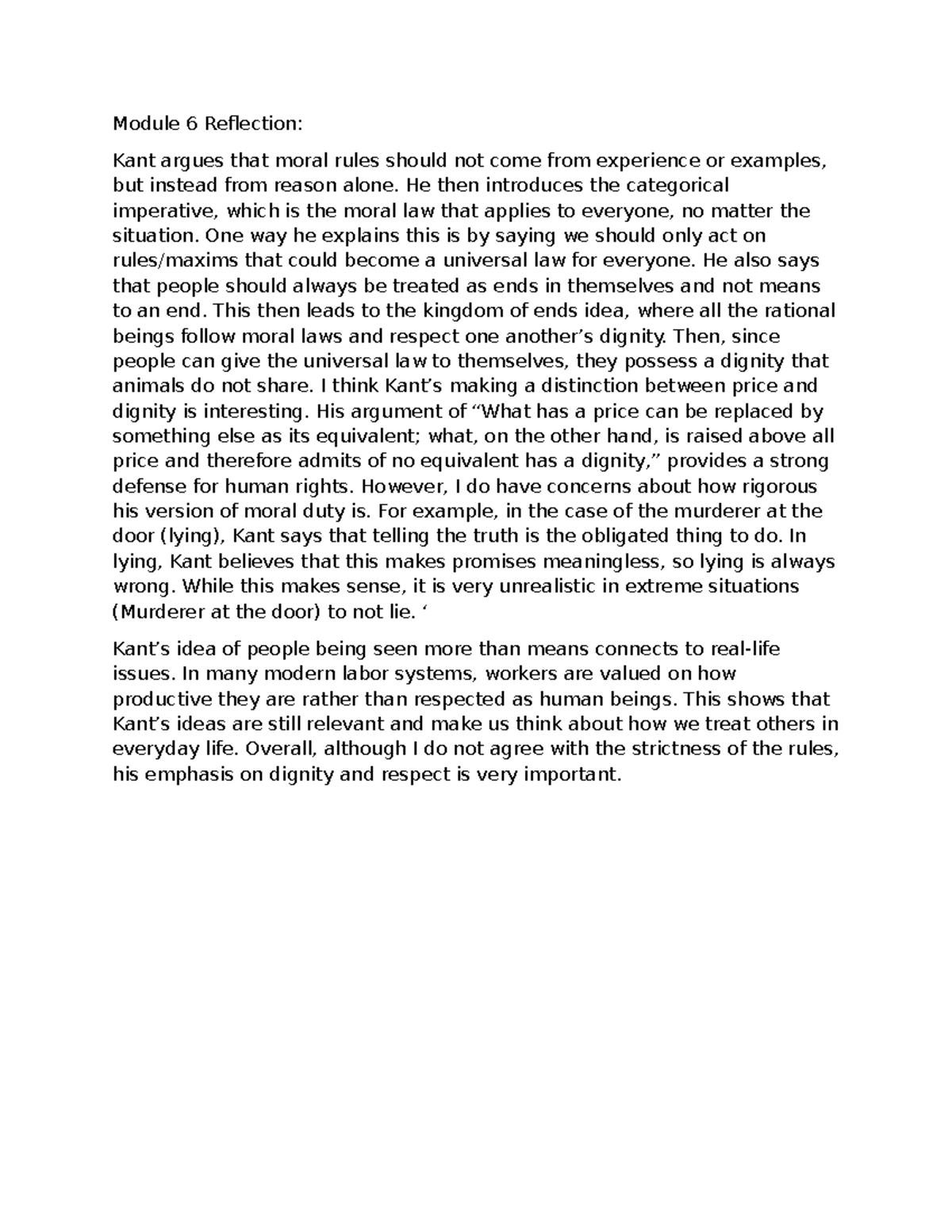 Module 6 Reflection: Kant's Categorical Imperative and Human Dignity ...