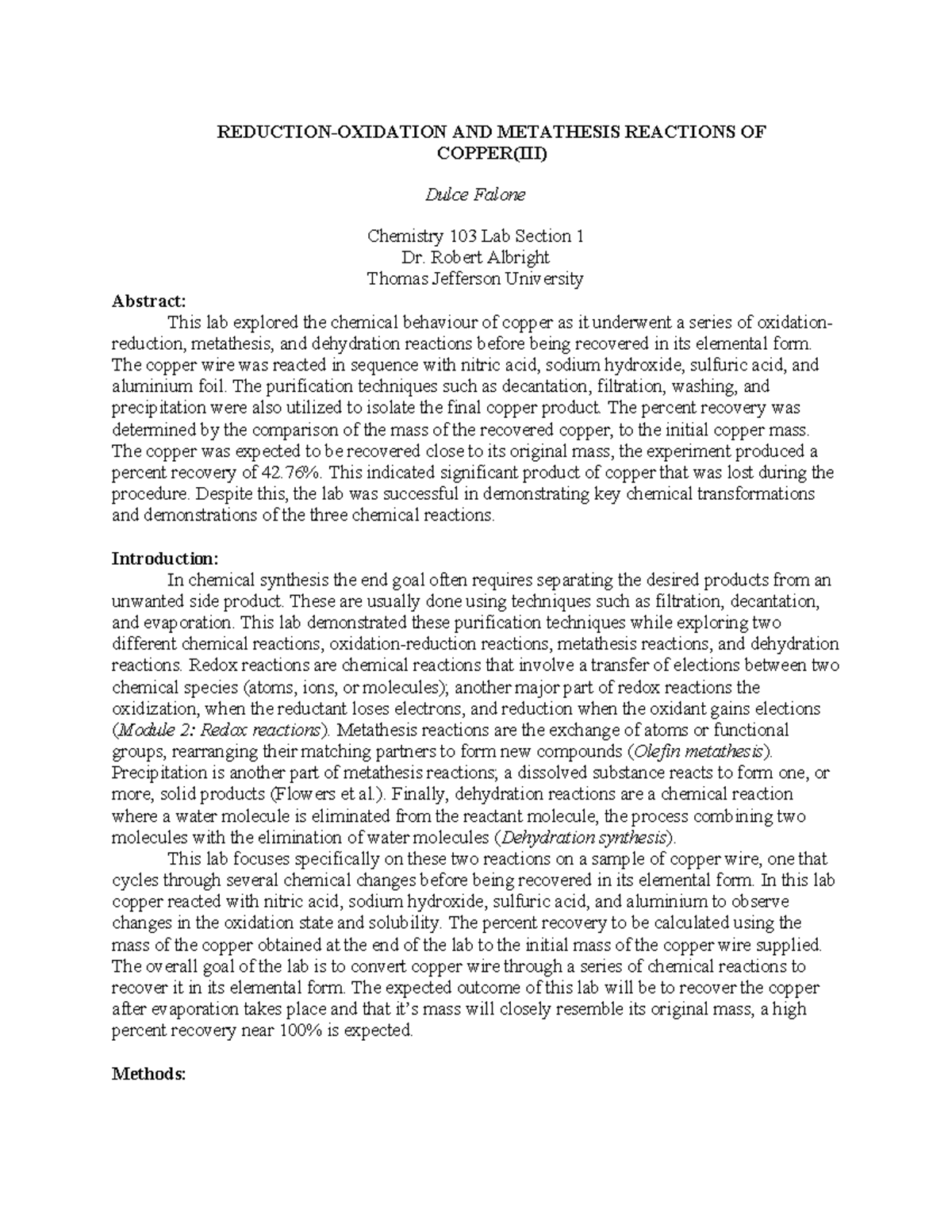 Chemistry 103 Lab: Metathesis & Redox Reactions of Copper - Studocu