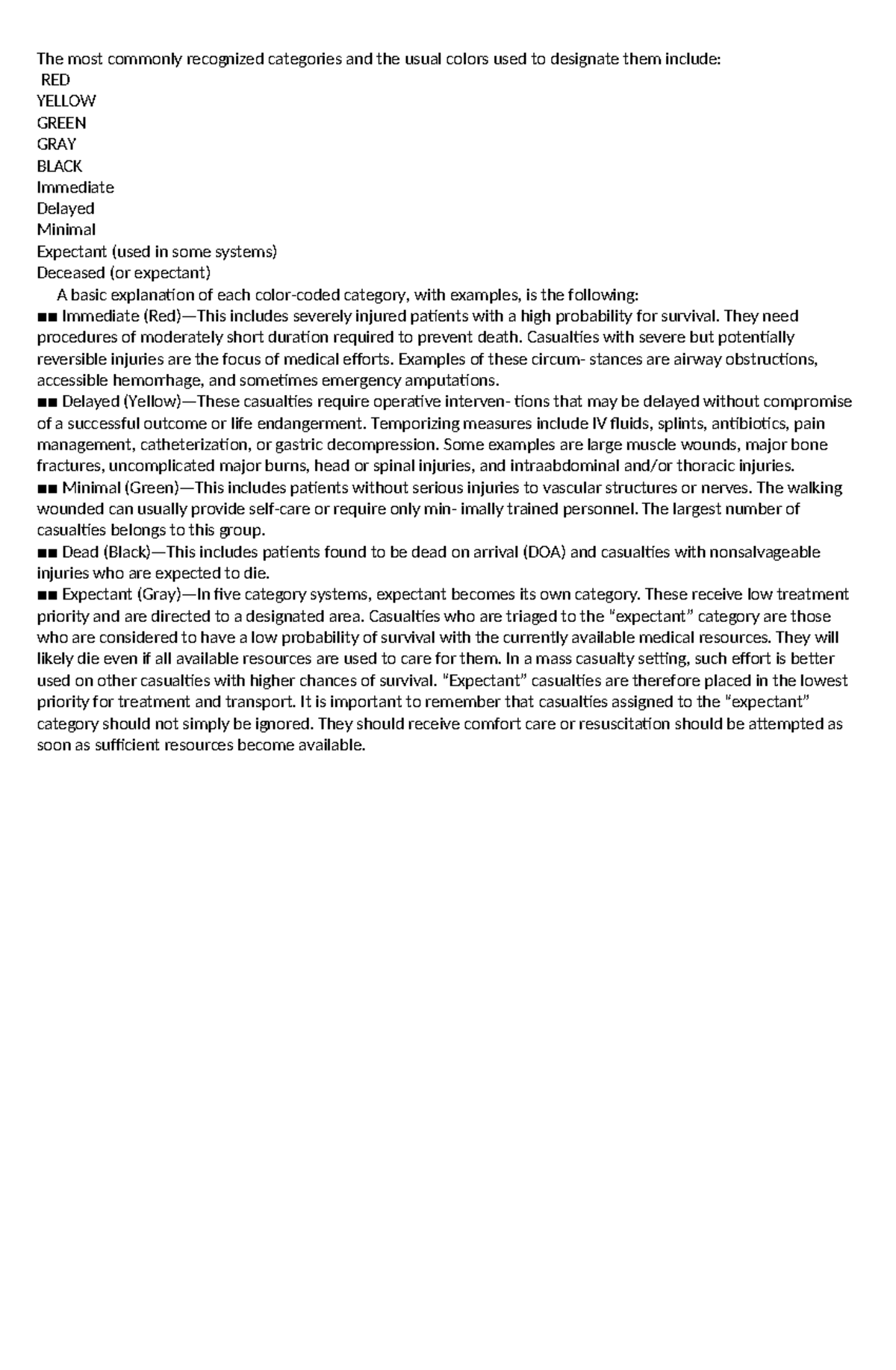 Disaster Triage Categories: Immediate, Delayed, Minimal, Expectant ...