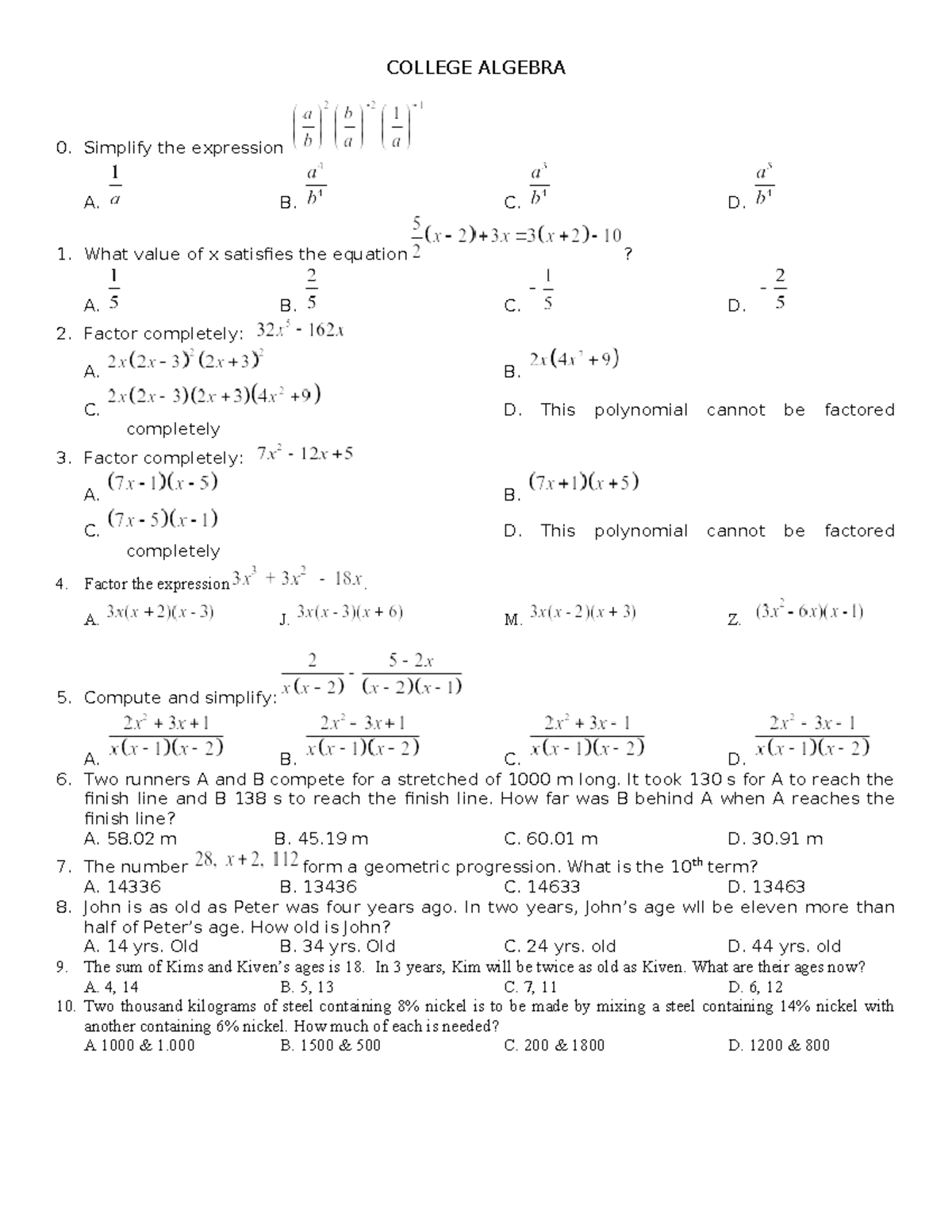 COLLEGE ALGEBRA: Simplifying Expressions & Problem Solving - Studocu