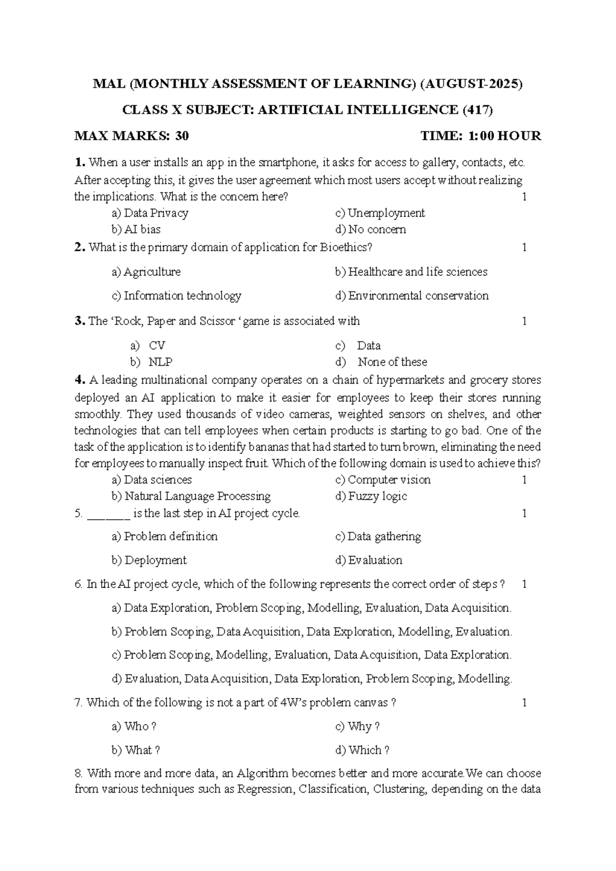 MAL Class X AI Monthly Assessment (417) - Question Paper Set 1 - Studocu