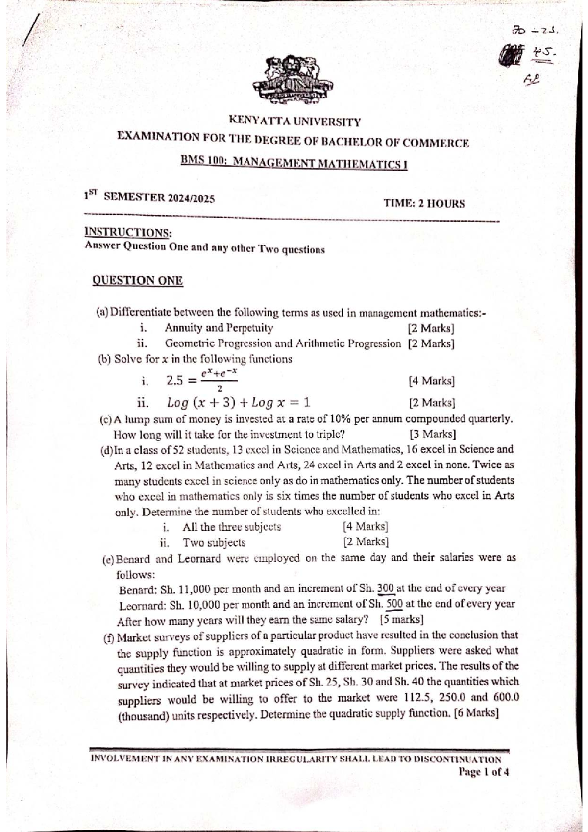 BMS 100: Management Mathematics I 1st Sem Exam Questions 2024 - Studocu
