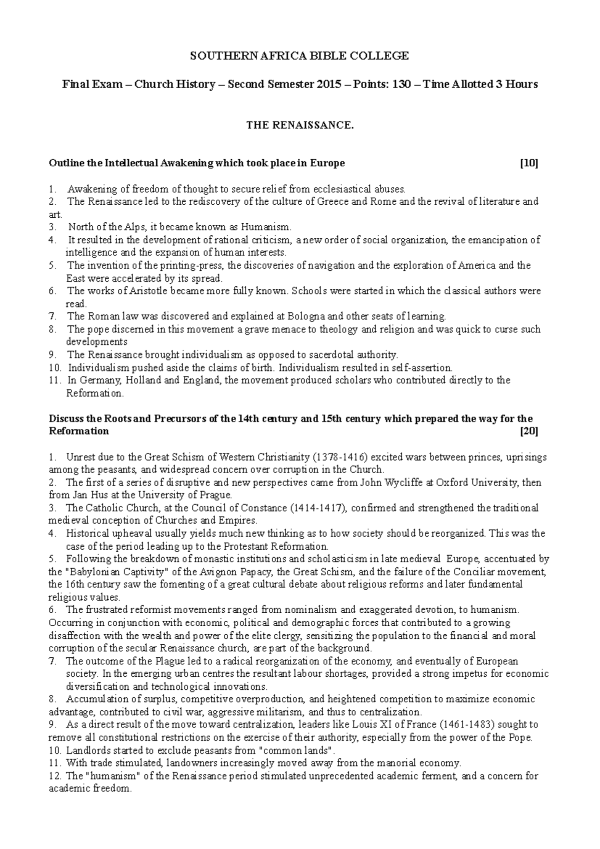 Final Exam 2015 - Church History Notes on Renaissance & Reformation ...