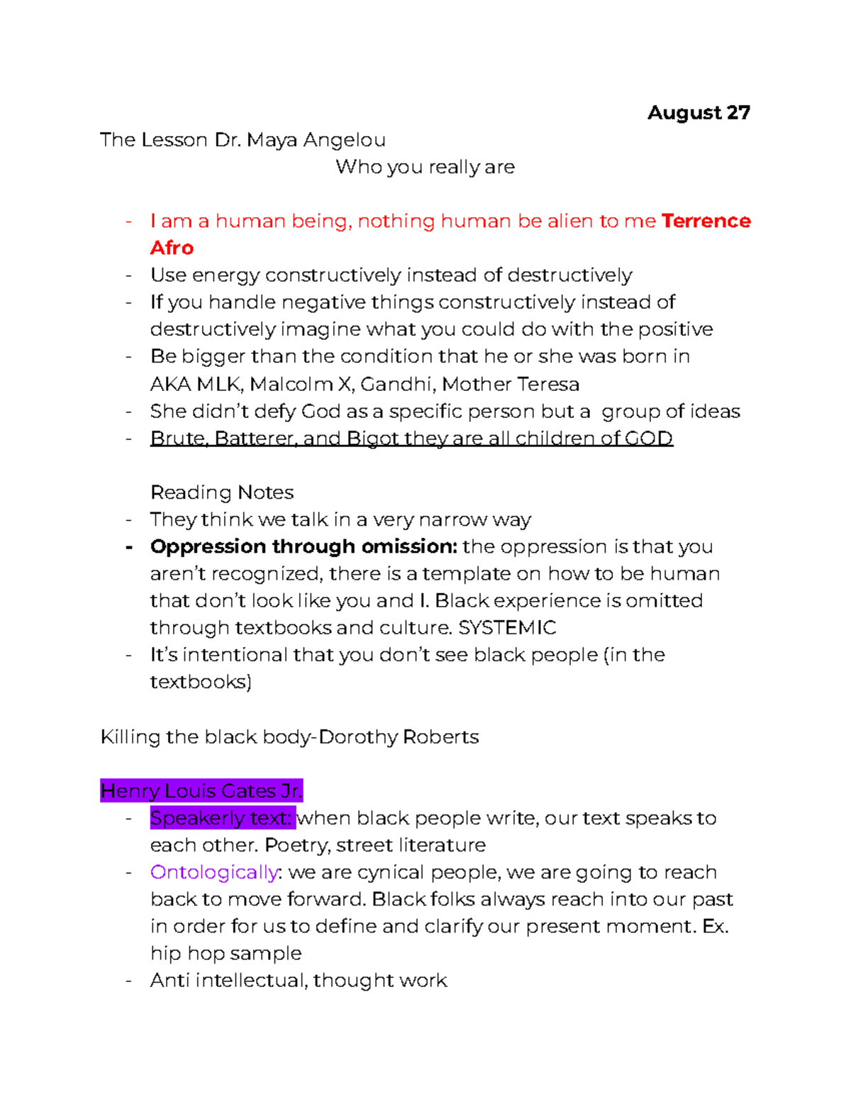 August 27 - Professor Terry Notes - August 27 The Lesson Dr. Maya ...