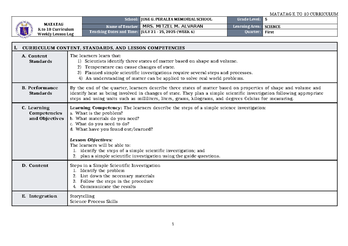 DLL Matatag Science 5 Q1 Week 6 Lesson Log - Studocu
