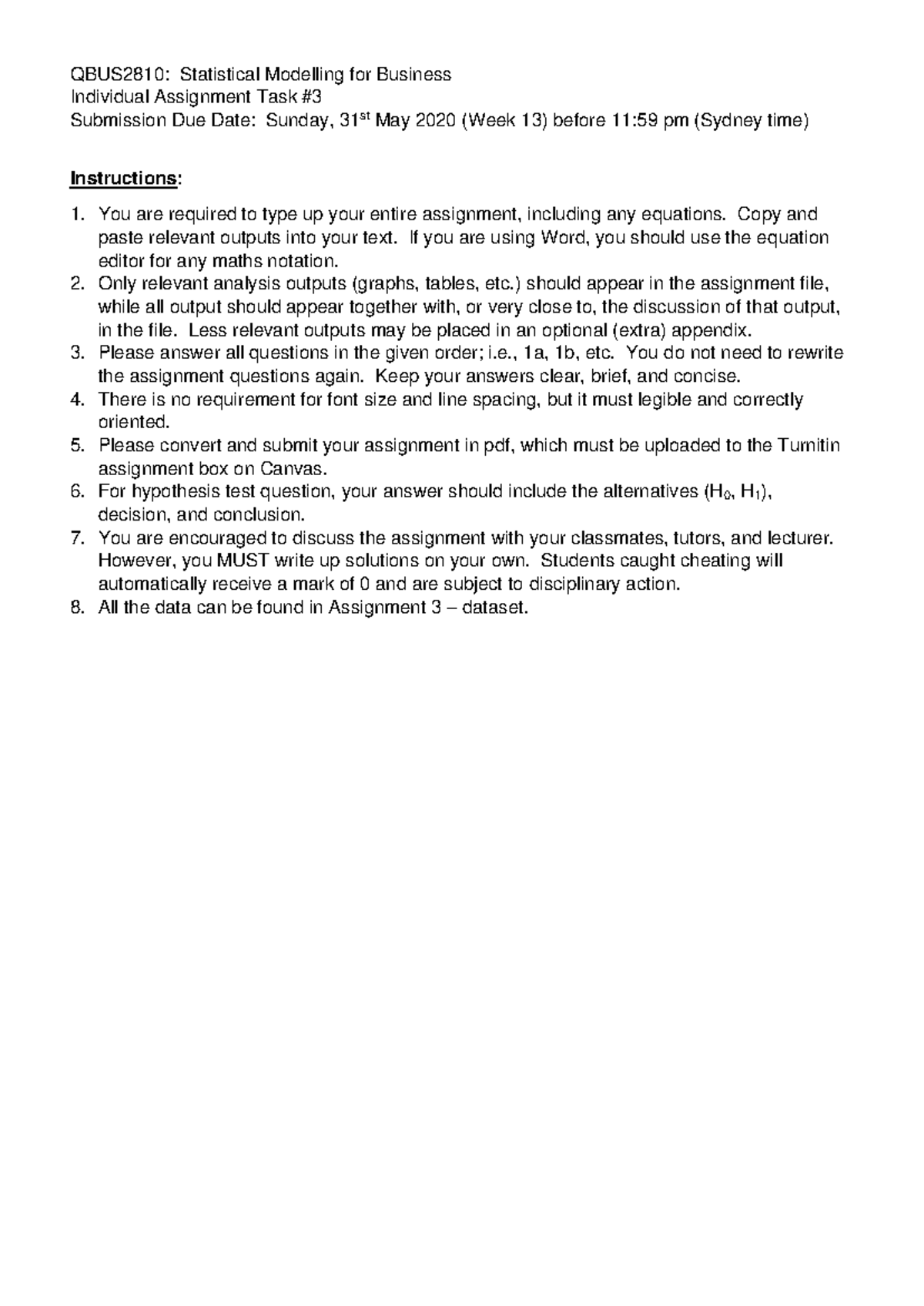 QBUS2810 Assignment 3 - QBUS2810: Statistical Modelling for Business ...