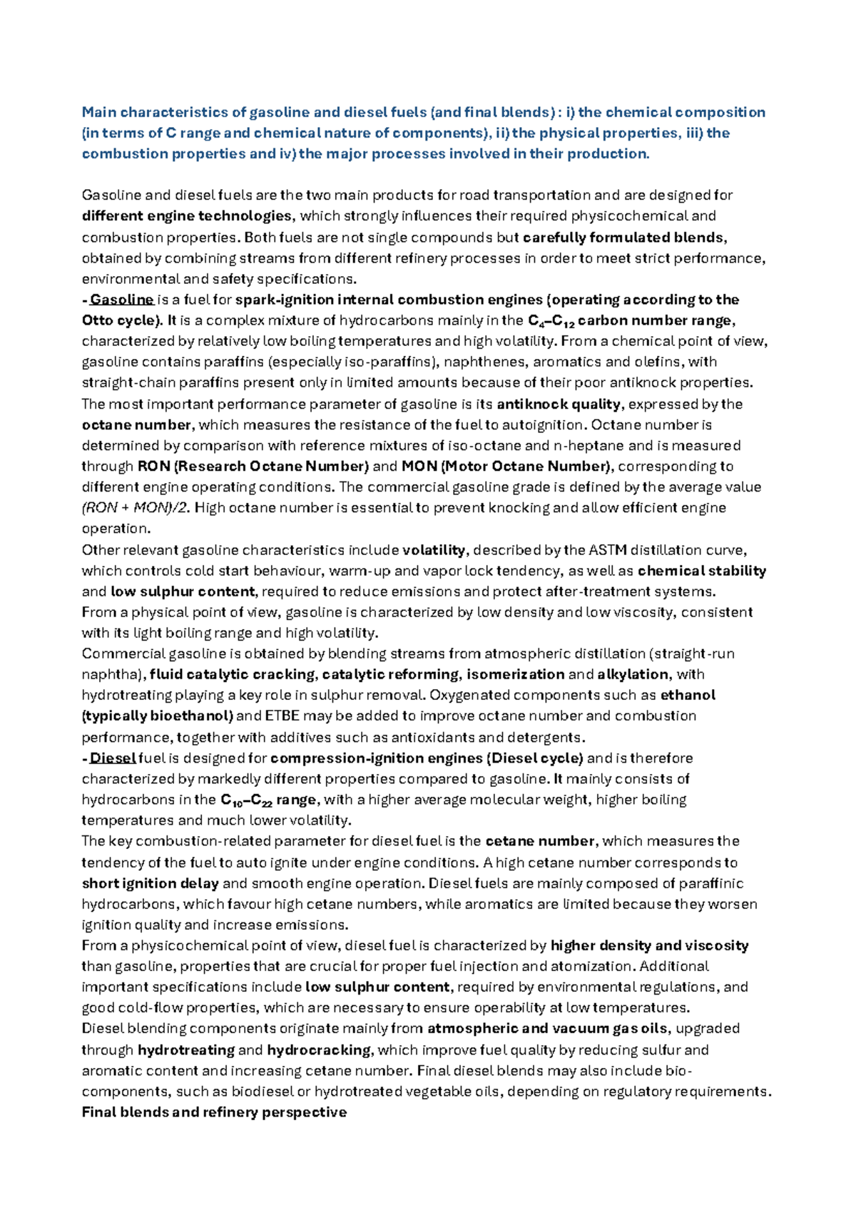 Gasoline and Diesel Fuels: Chemical Composition, Properties, and ...