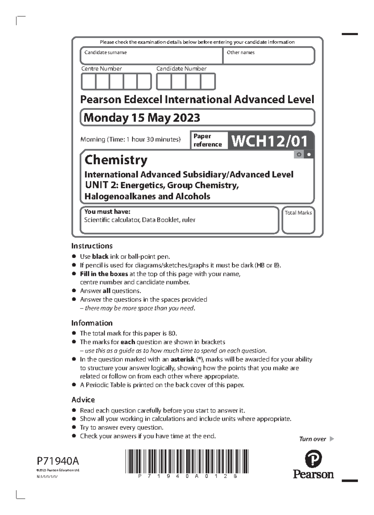 MAY 2023 IAL WCH12 UNIT 2 QP - Edexcel Chemistry Question Paper - Studocu