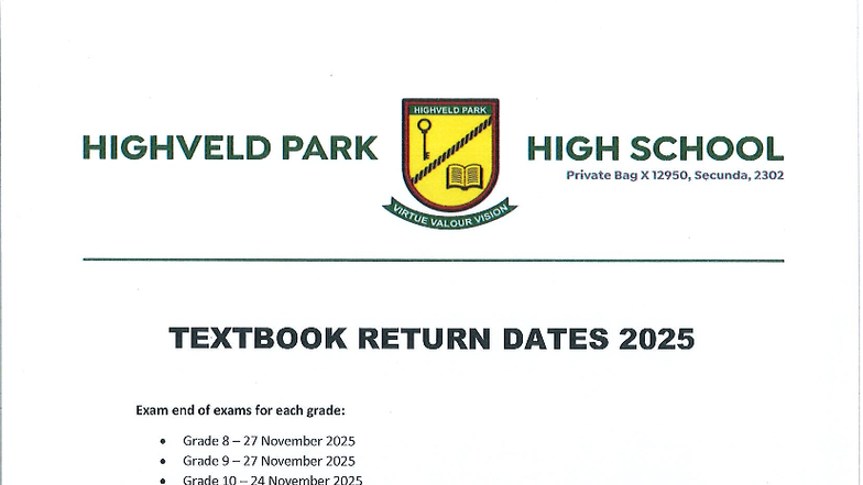 Textbook Return Dates 2025 - HIGHVELD PARK HIGH SCHOOL - Studocu