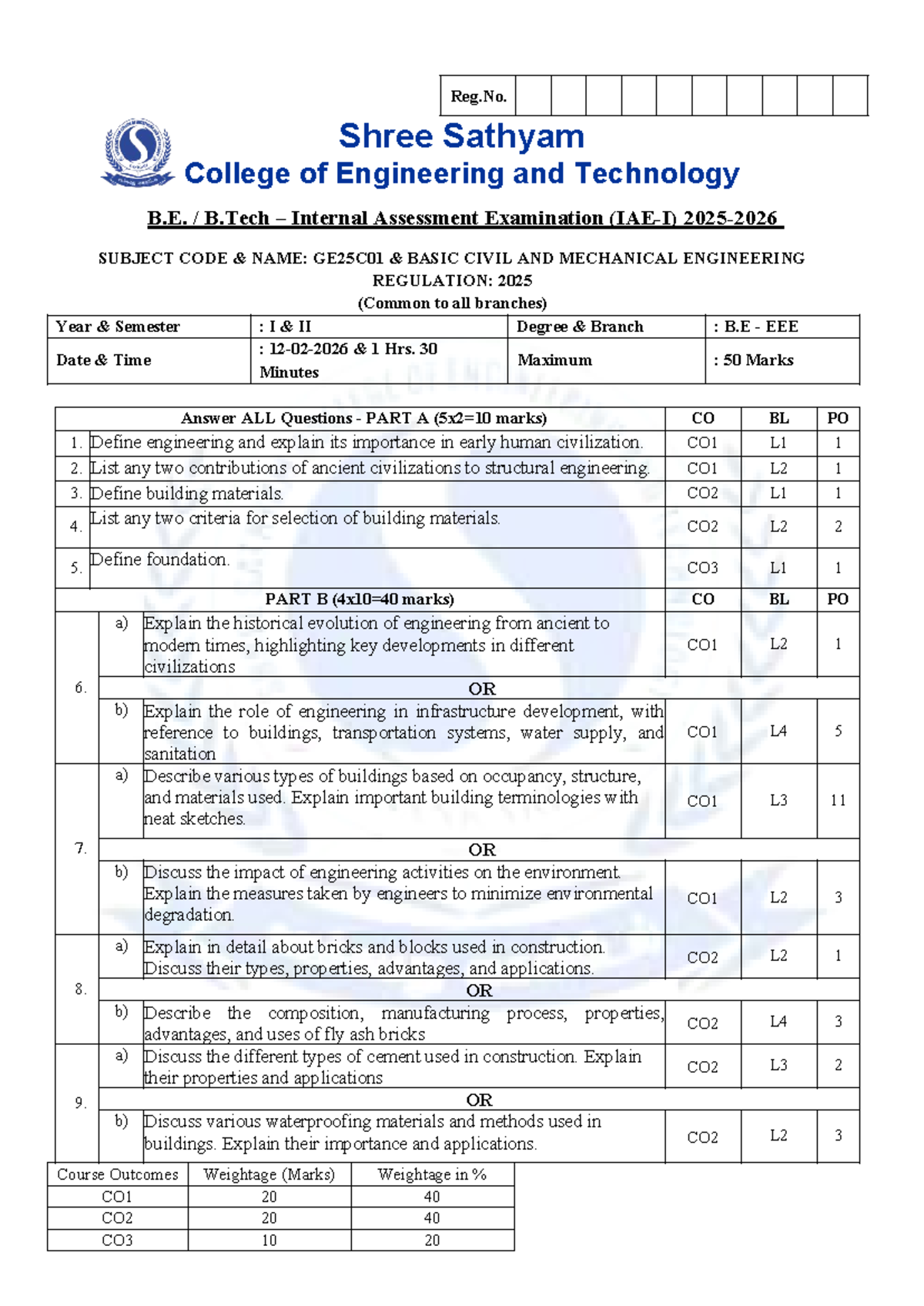 GE25C01 Basic Civil and Mechanical Engineering IAT 2 - Questions ...