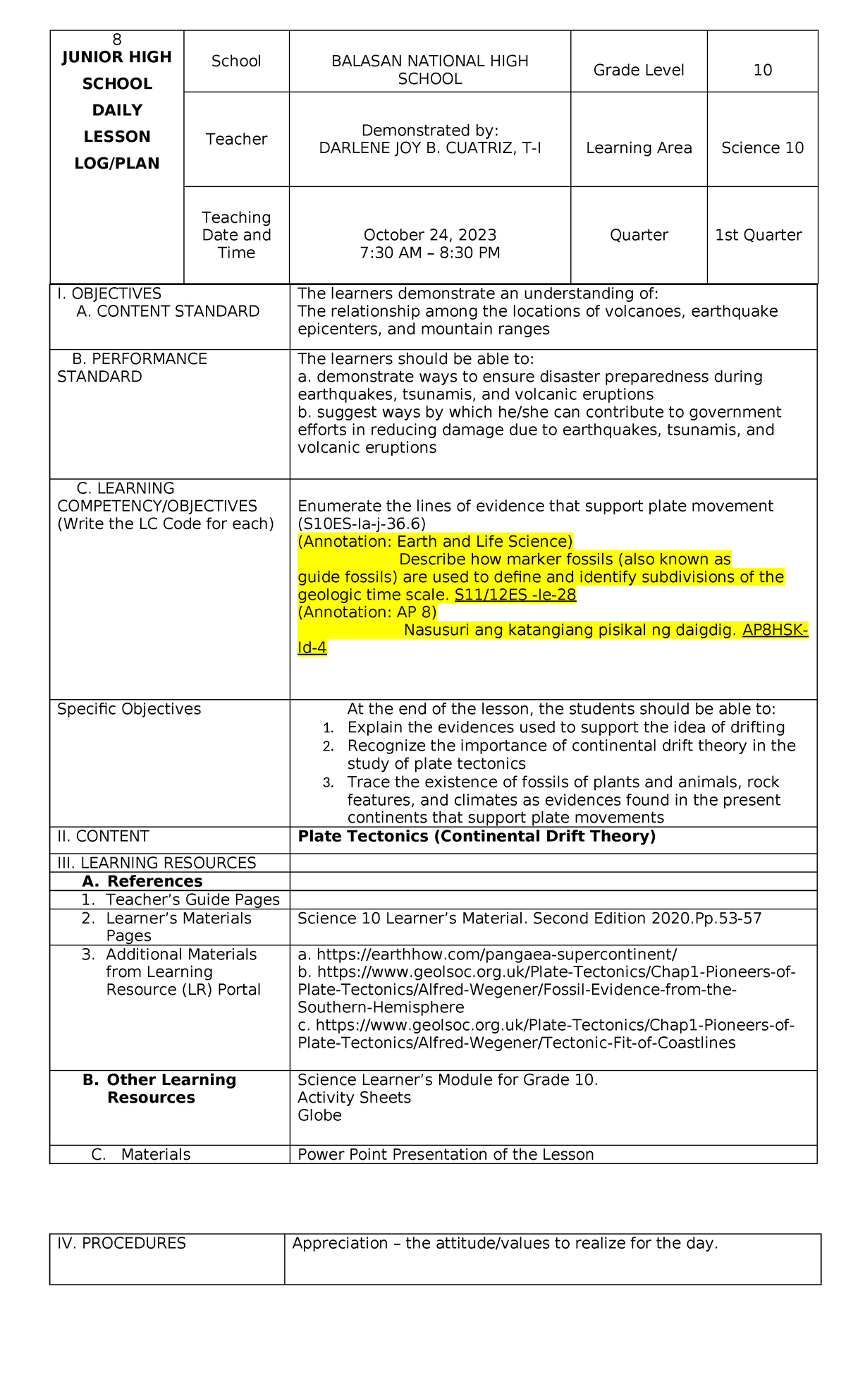 Q1 COT Sci 10 - Continental Drift theory - 8 JUNIOR HIGH SCHOOL DAILY ...