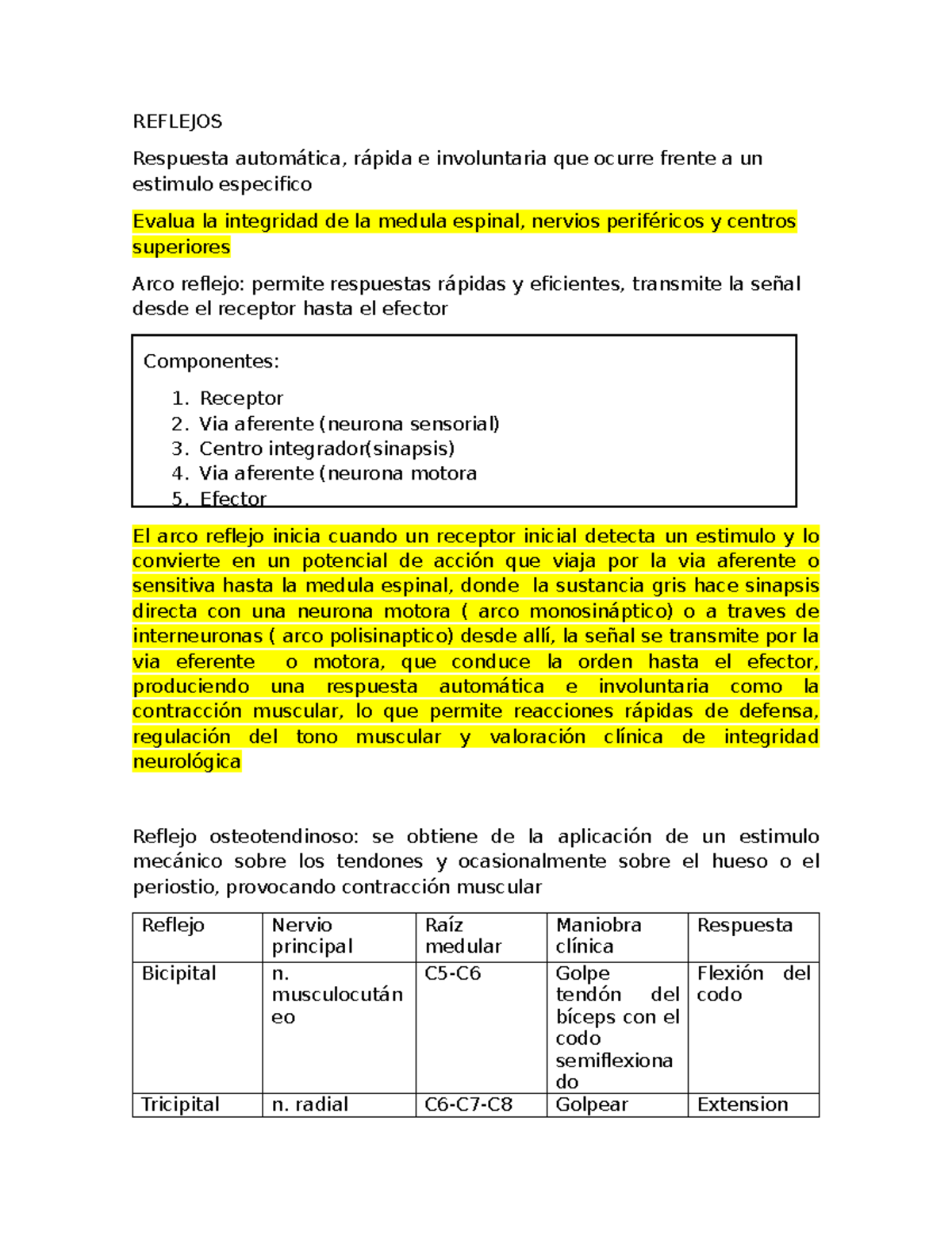Reflejos Osteotendinosos: Evaluación y Respuestas Automáticas - Studocu
