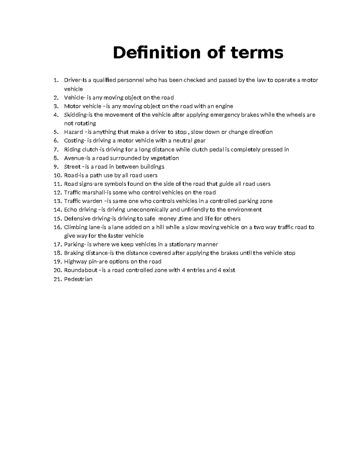 Definitions of Key Terms in Road Safety and Vehicle Operation - Studocu