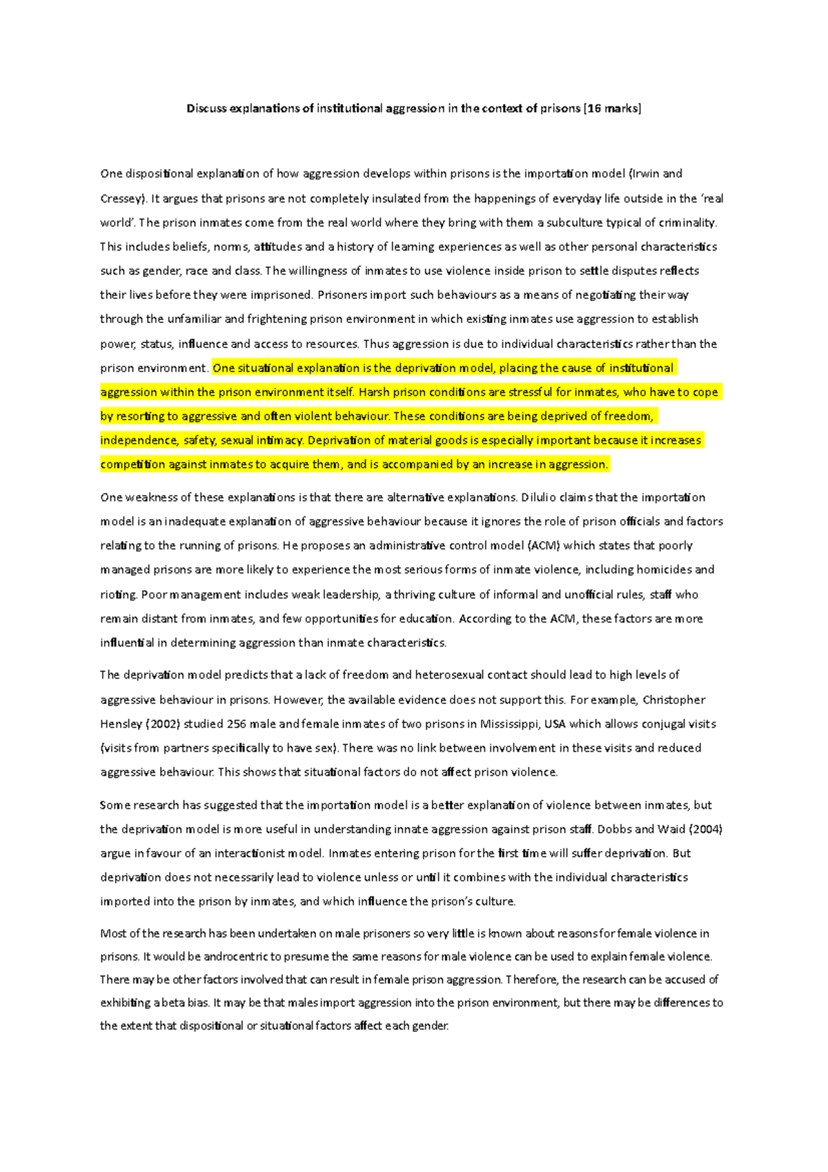 Institutional Aggression in Prisons: Theories & Explanations [16 Marks ...