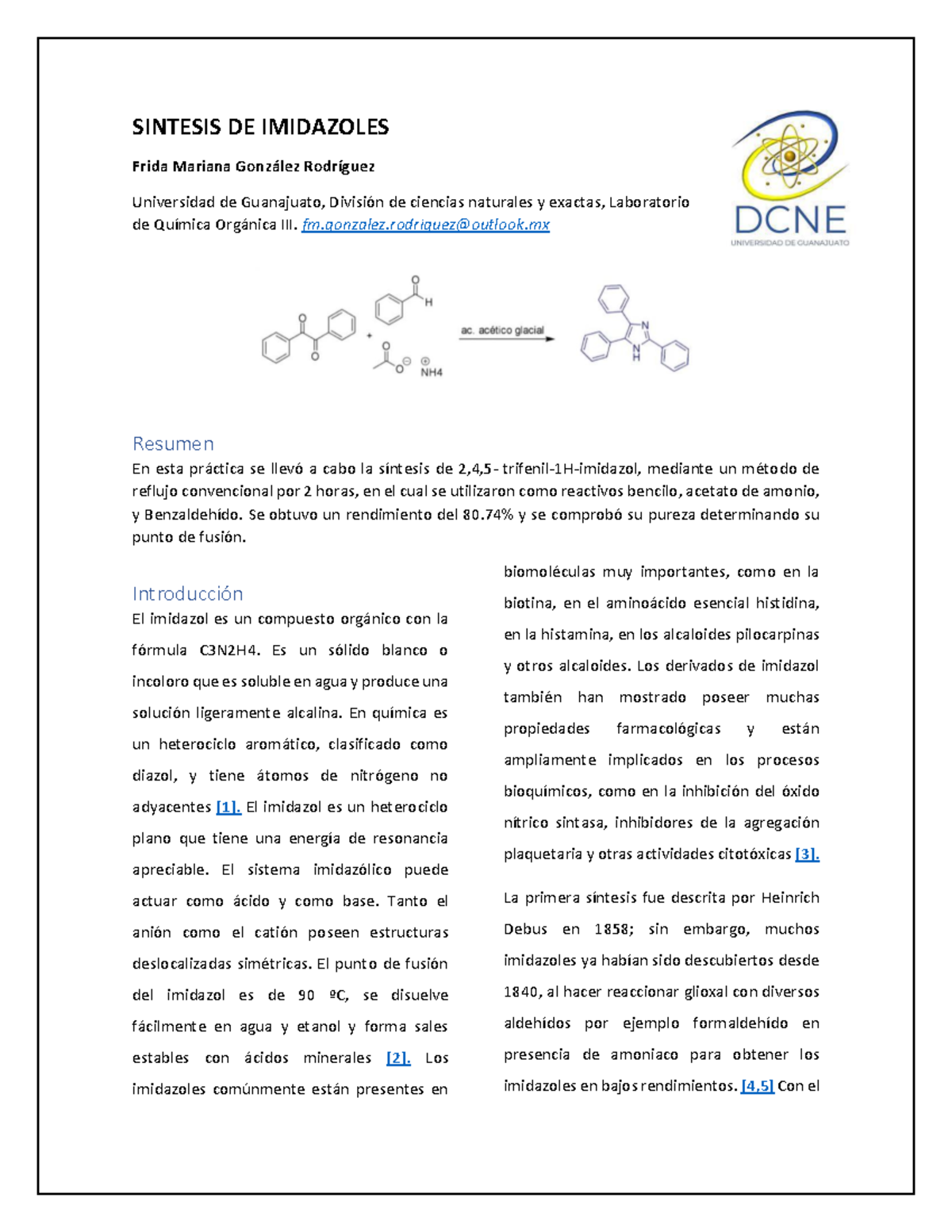 Síntesis de 2,4,5-trifenil-1H-imidazol en Química Orgánica III - Studocu
