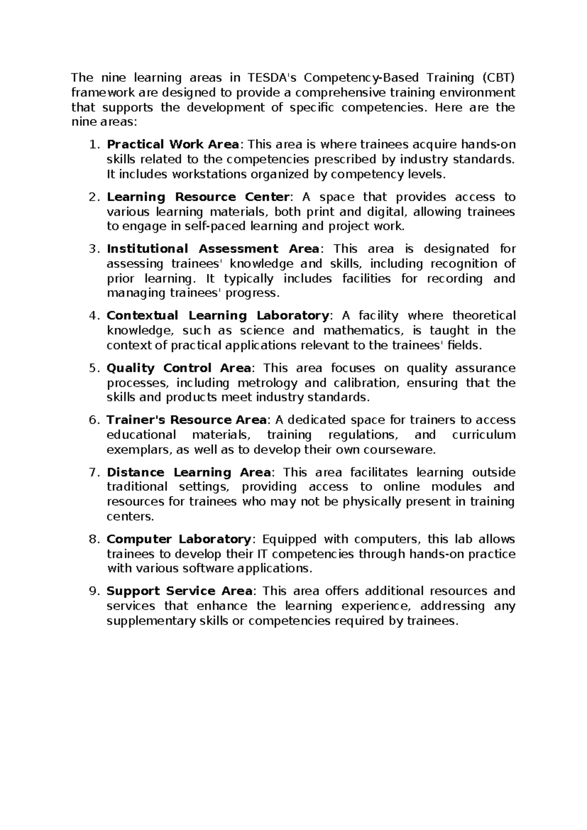 TESDA's Nine Learning Areas: A Comprehensive Overview of CBT Framework ...
