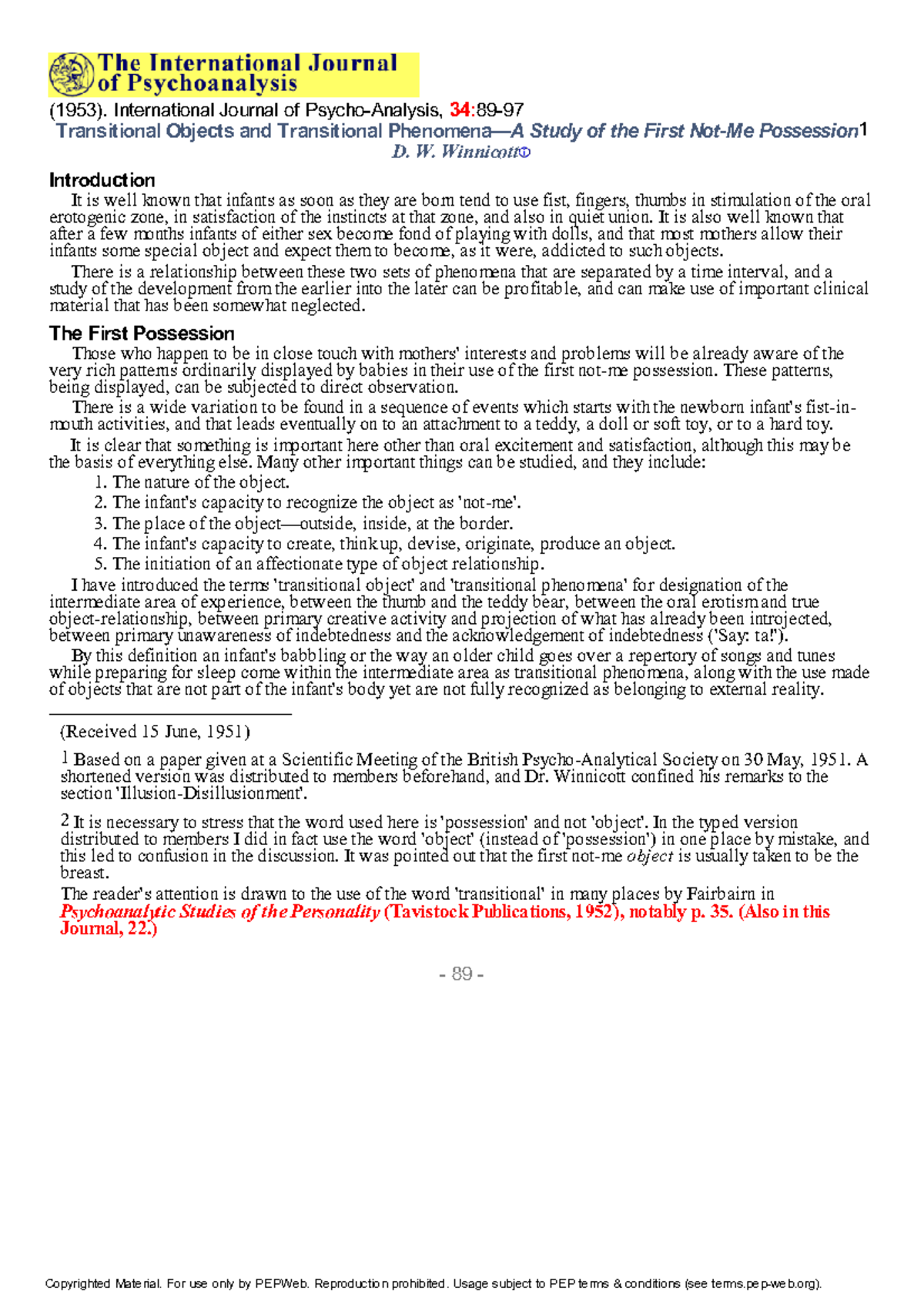 Transitional Objects and First Possession: Insights from D.W. Winnicott ...