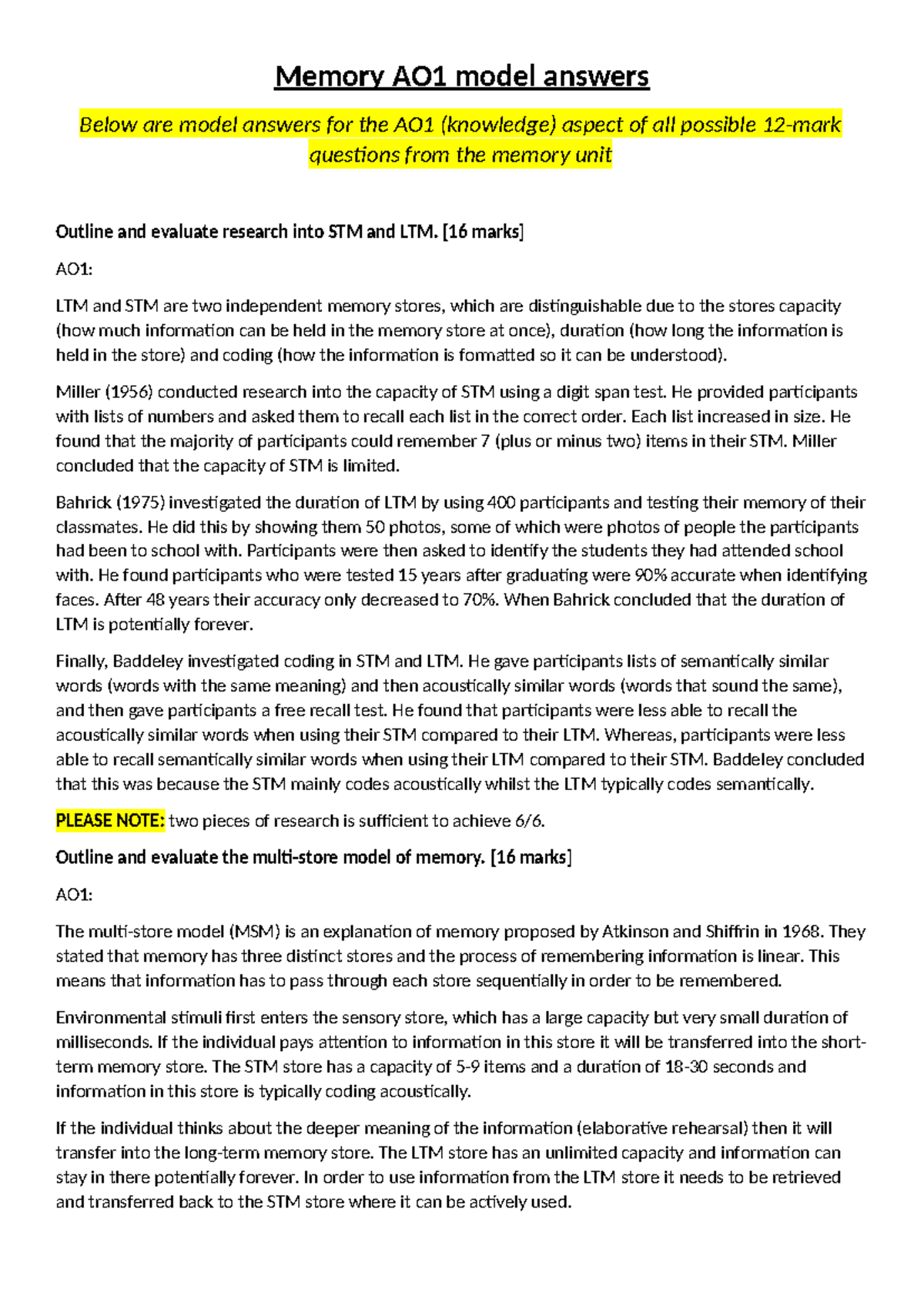 Memory Unit AO1 Model Answers: STM, LTM, and Eyewitness Testimony - Studocu