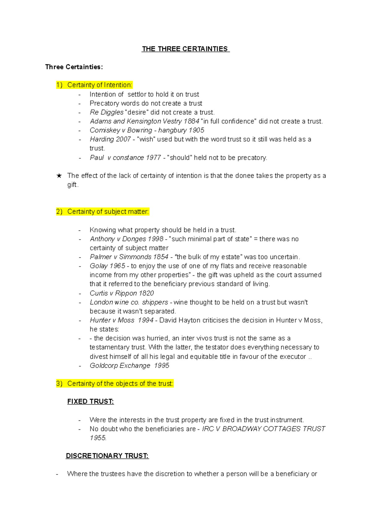 Equity n trusts - The three certainites - THE THREE CERTAINTIES Three ...