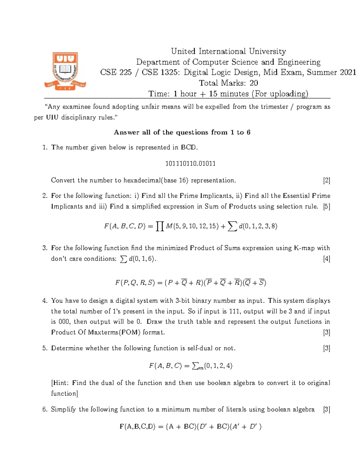 Digital Logic Design (DLD) Mid Term Question Summer 2021 - United International University - Studocu