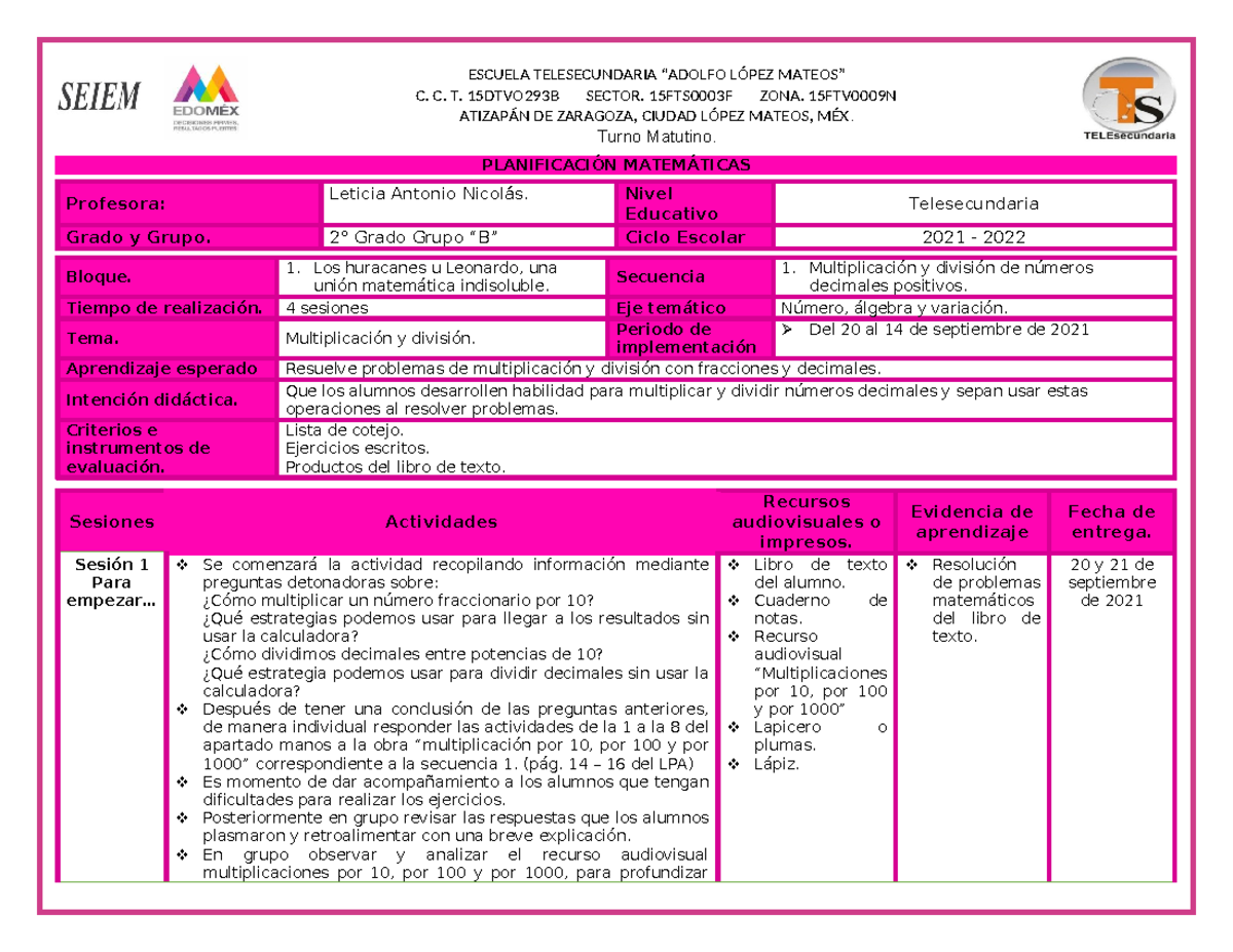 Plan de Clase: Matemáticas - Multiplicación y División de Decimales ...