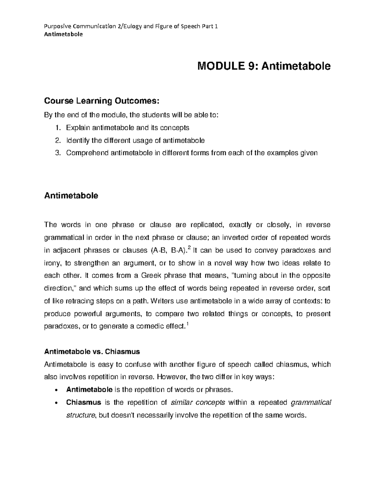Purposive Communication: Module 9 - Understanding Antimetabole - Studocu