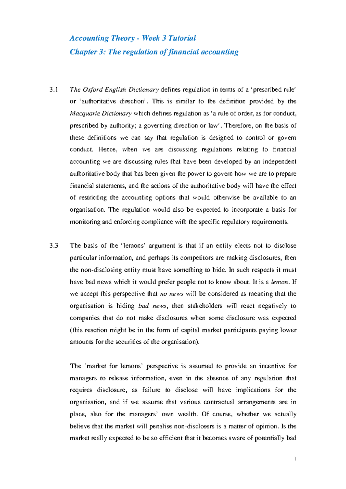Week 3 Solutions for Review Questions - 1 Accounting Theory - Week 3 Tutorial Chapter 3: The ...