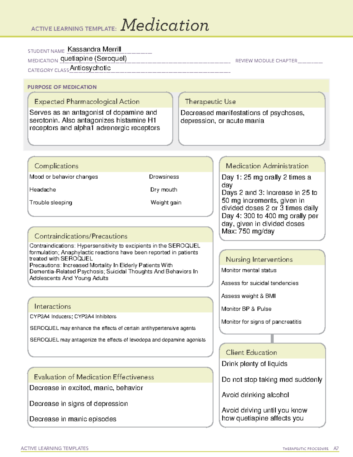 Quetiapine (Seroquel) Active Learning Template: Examining Uses & Admin ...