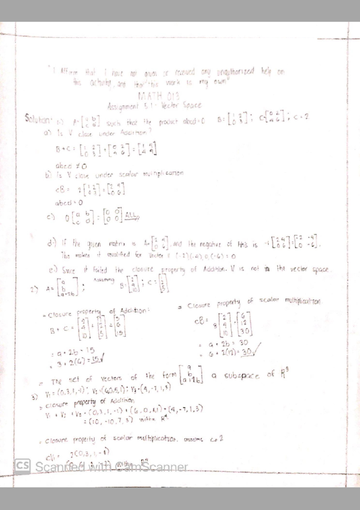 Assignment 5.1- Vectors Space - Linear Algebra With Matlab - Studocu