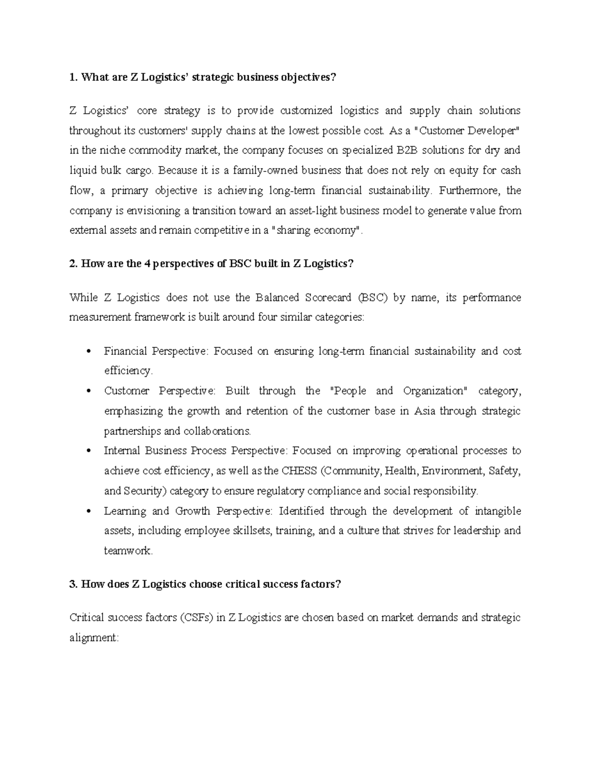 Balanced Scorecard Case Study: Z Logistics Strategy & Objectives - Studocu