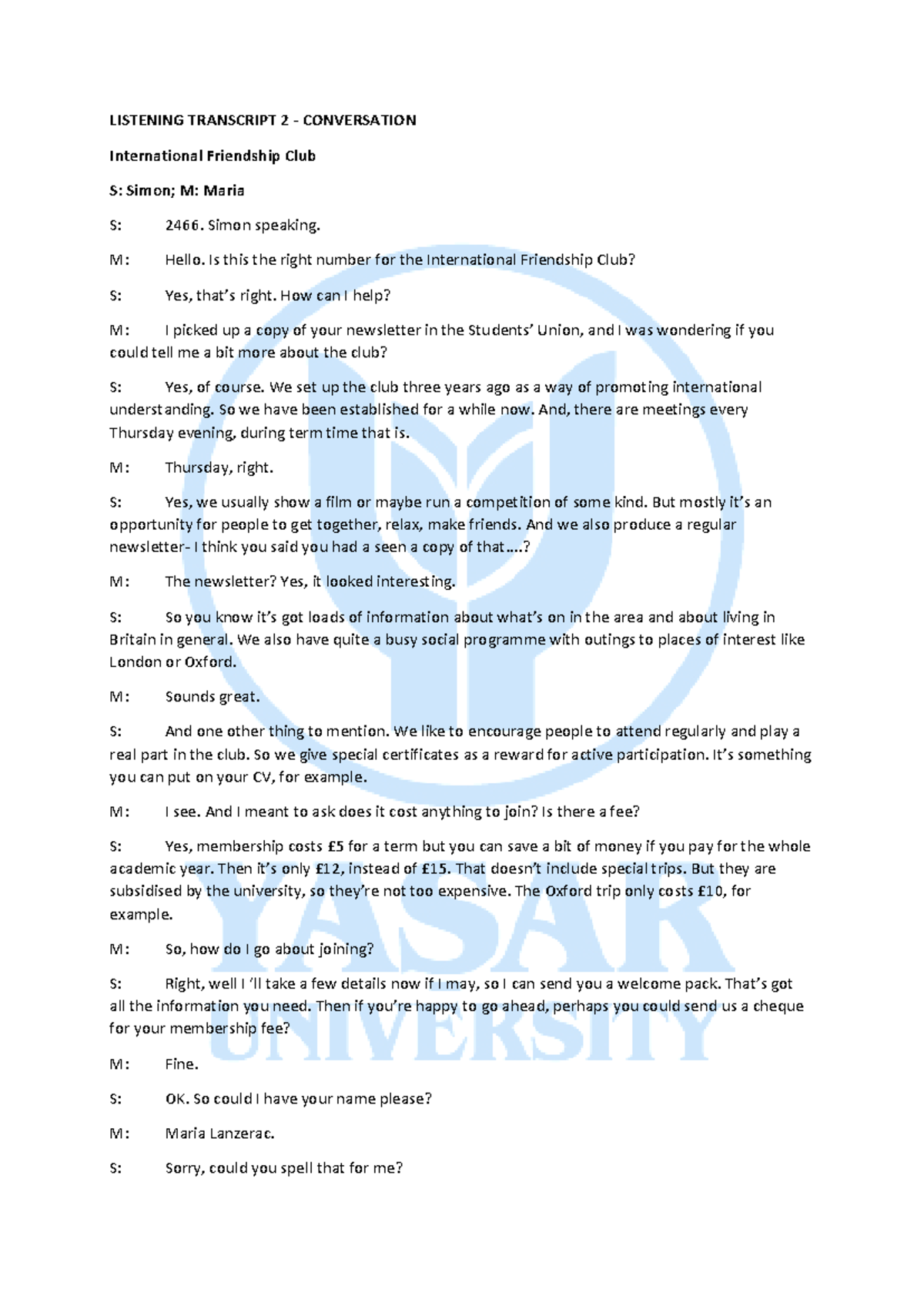 Listening Transcript 2: International Friendship Club Conversation ...