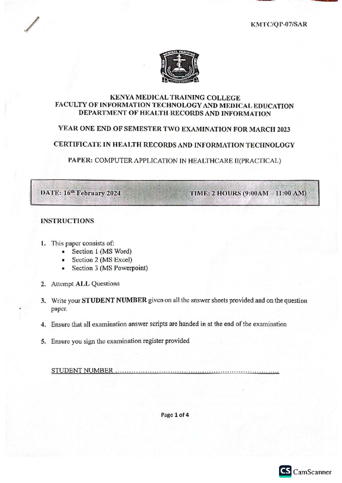 CS 2023 End of Semester Exam: Computer Applications in Healthcare II ...