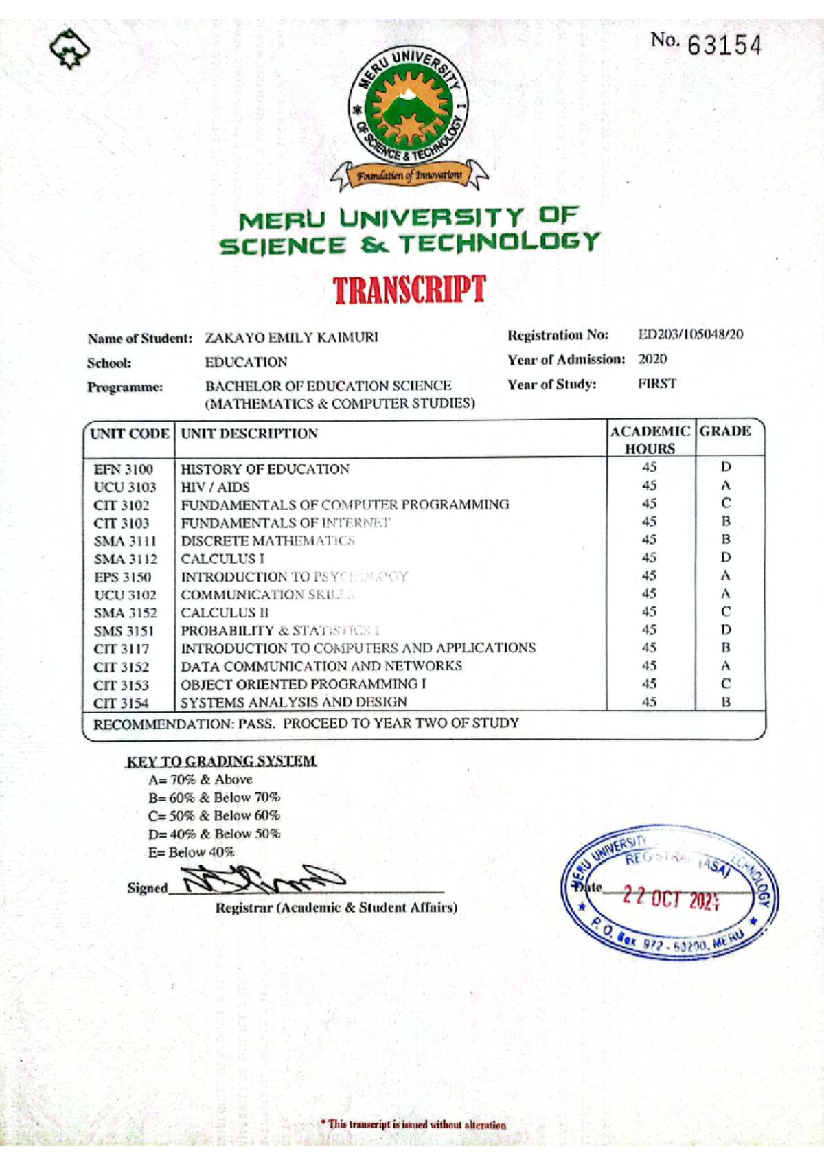 YEAR 1-YEAR 4 Transcripts - No. 63154 MERU UNIVERSITY STRENGE ...