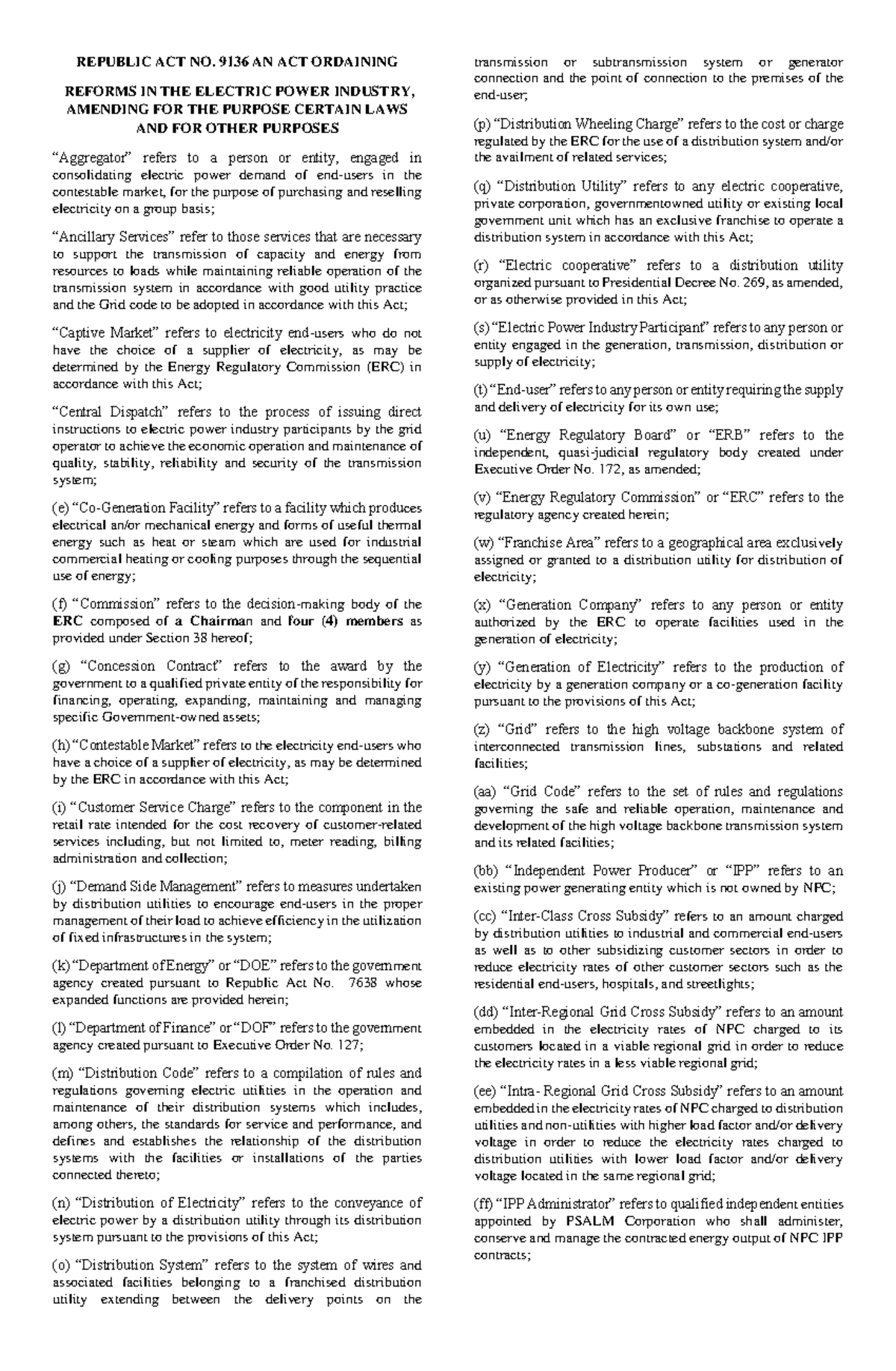 Definition of Terms in EE Laws: Republic Act No. 9136 - Studocu