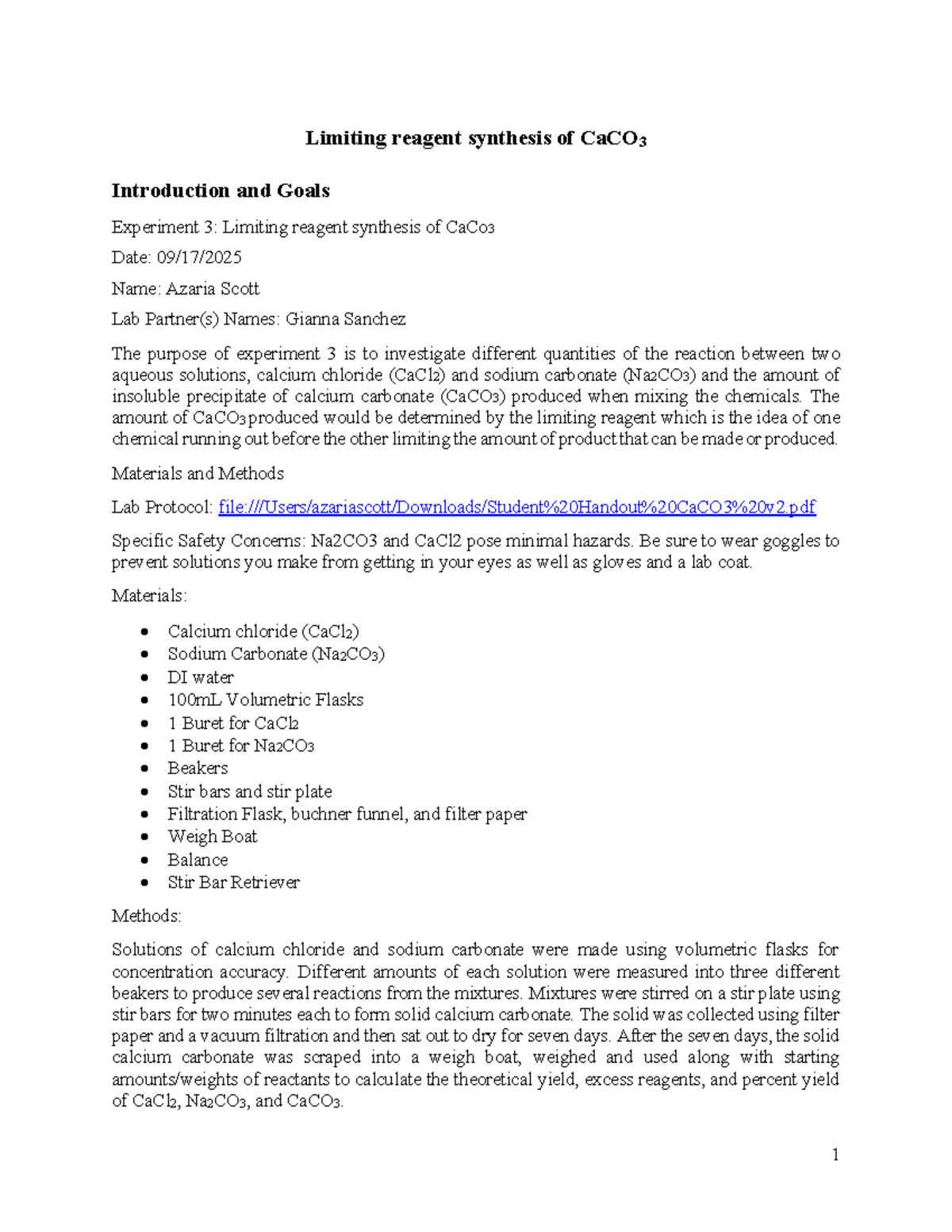 Limiting Reagent Synthesis of CaCO3: Experiment 3 Analysis - Studocu
