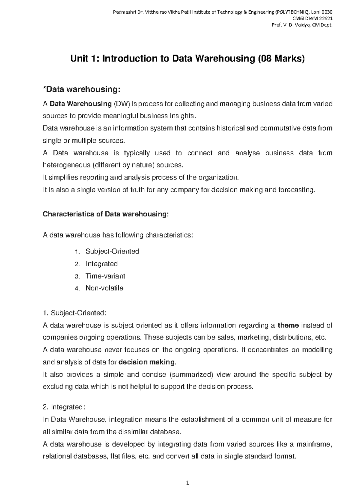 DWM 22621 Unit 1: Introduction to Data Warehousing Overview - Studocu