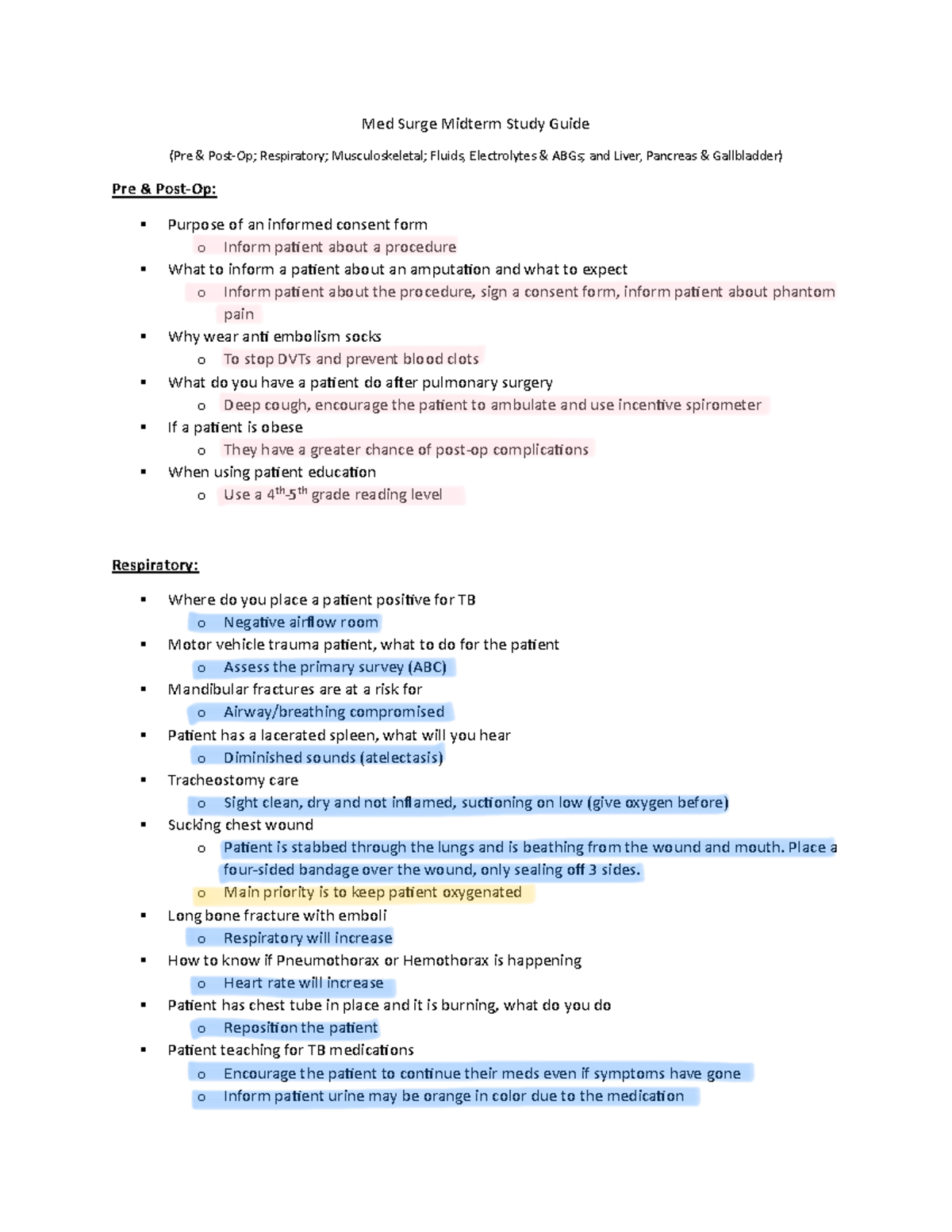 Med Surge Midterm Study Guide: Pre/Post-Op, Resp, Musc, Fluids ...