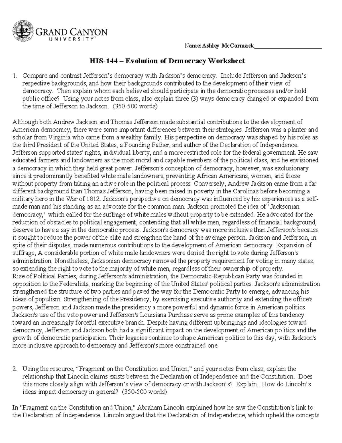 Evolution of Democracy Worksheet: Comparing Jefferson & Jackson HIS144 ...