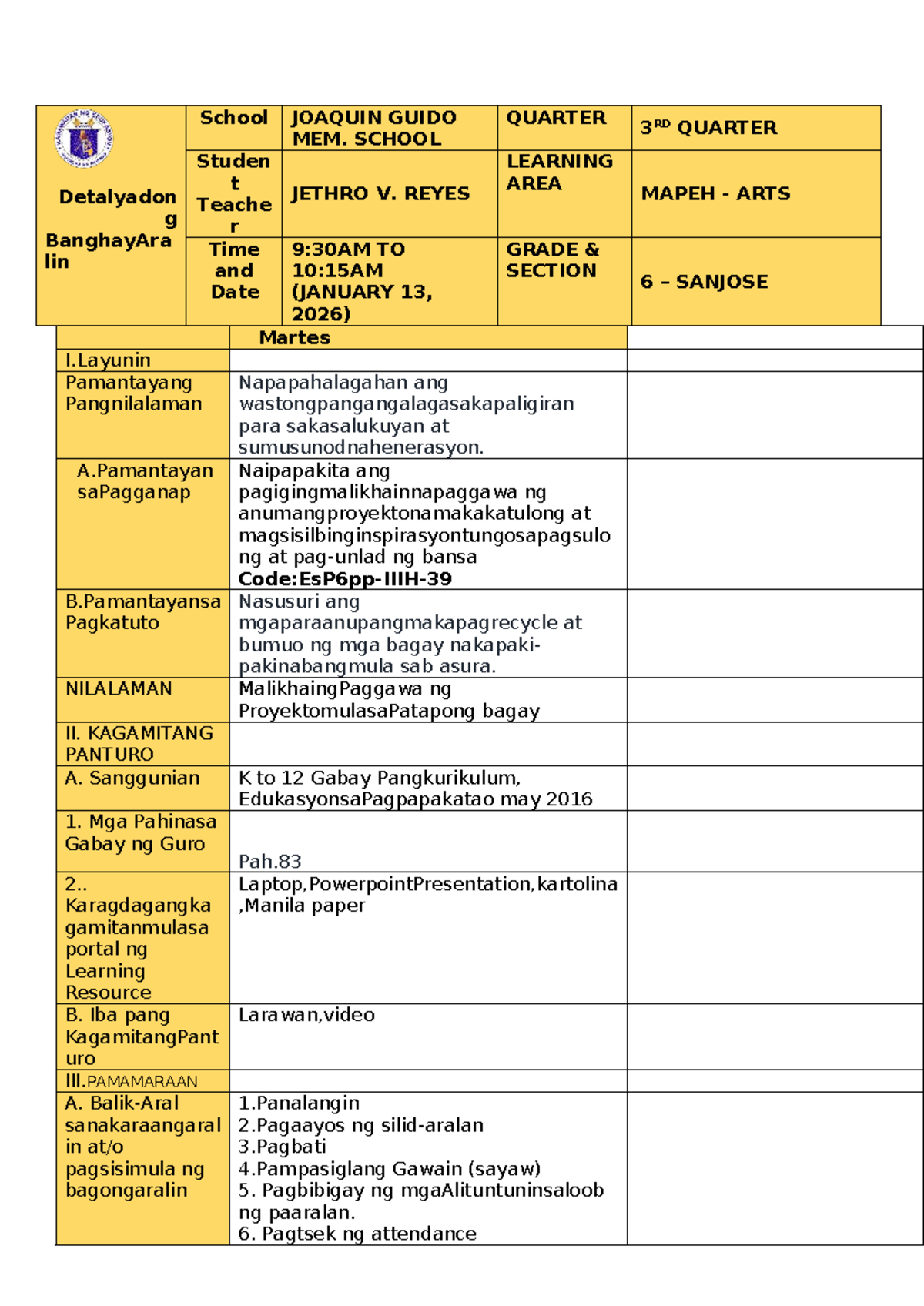 E-Lesson Plan for MAPEH 6: Environmental Care and Creativity - Studocu