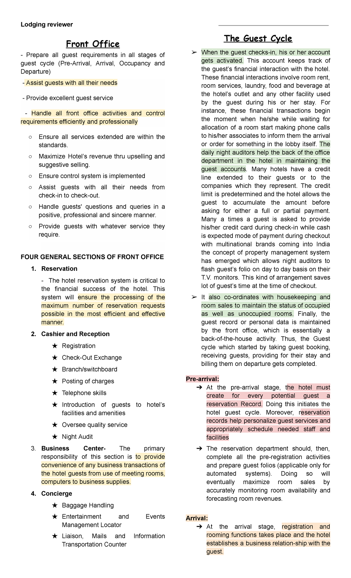 Lodging Reviewer: The Guest Cycle in Front Office Management - Studocu