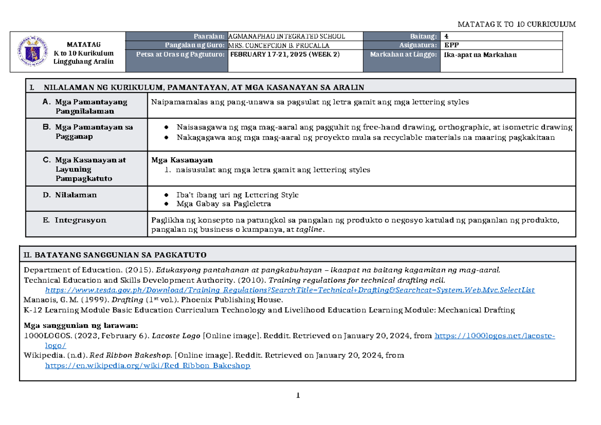 DLL Matatag EPP 4 Q4 W2 - Komprehensibong Plano ng Aralin - Studocu