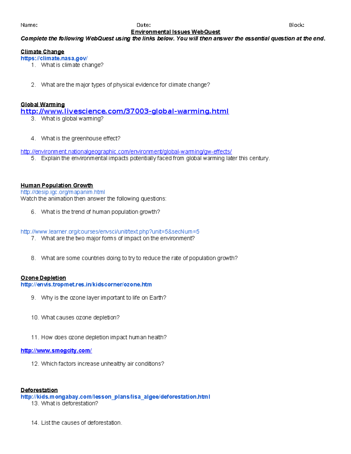 ENV 101: Environmental Issues WebQuest - Key Questions & Topics - Studocu