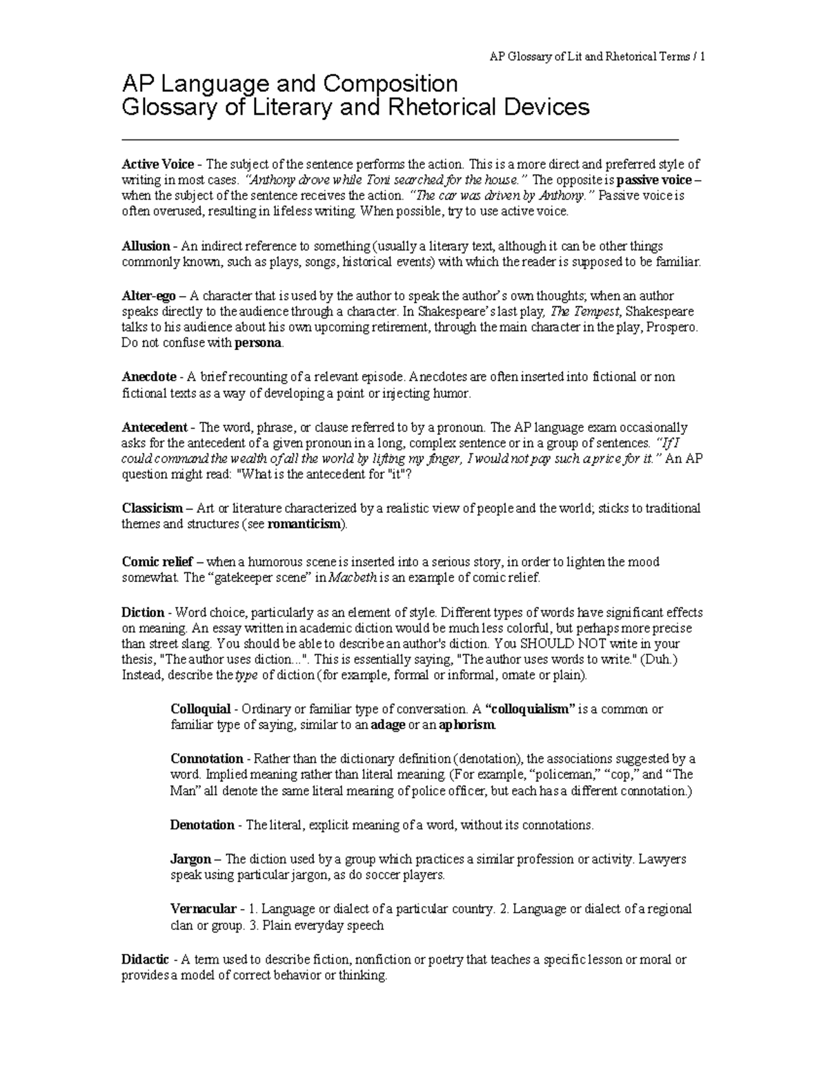 AP Language and Composition: Glossary of Lit & Rhetorical Terms - Studocu